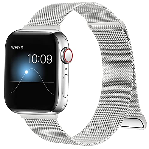 ZXCASD Metal Bands Compatible with Apple Watch Band 38mm 40mm 41mm Women Men,Silver Loop Adjustable Mesh Strap for iWatch Series 8 7 6 5 4 3 2 1 SE