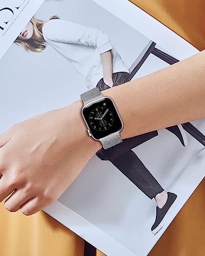 ZXCASD Metal Bands Compatible with Apple Watch Band 38mm 40mm 41mm Women Men,Silver Loop Adjustable Mesh Strap for iWatch Series 8 7 6 5 4 3 2 1 SE