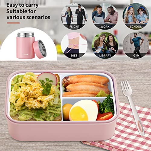 FEWOO Food Containers,13.5oz Soup Thermos+47oz Bento Box,Lunch Box with Bag for Kids Adult,Leak Proof Food Jar for School Office Picnic Travel Outdoors (Pink)