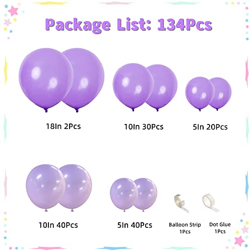 132Pcs Purple Balloon Garland Arch Kit, Lavender Light Purple Lilac Balloons 5/10/18Inch Macaron Pastel Latex Balloon for Birthday Baby & Bridal Shower Wedding Engagement Bachelorette Business Celebration Anniversaries Graduation LGBT Unicorn Party Suppli