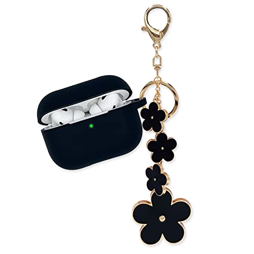 AirPods Pro Case Silicone AirPods Pro Case Cover with Keychain Cute Apple AirPods Pro Protective Case with Enameled Flower Keychain (Black)