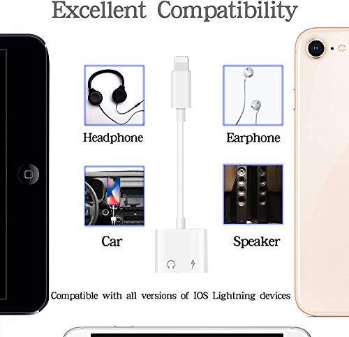 2 Pack Headphone Adapter for iPhone, Apple MFi Certified 2 in 1 Lightning to 3.5mm AUX Audio + Charger Port Splitter Dongle Adapter Compatible with iPhone 14/13/12/SE/11/Xs/XR/X/8/7 Support All iOS