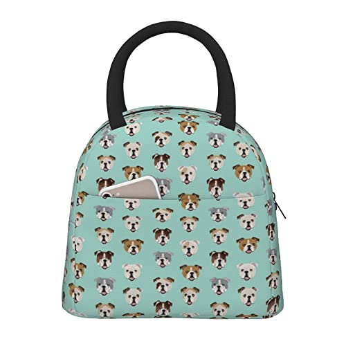 Aeoiba English Bulldog Dog Face Mint Green Insulated Lunch Bag Tote Handbag lunchbox Food Container Gourmet Tote Cooler warm Pouch for Beach School work Office