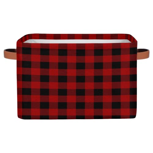 Red Lumberjack Plaid Check Fabric Storage Baskets for Shelves for Organizing Closet, Foldable Storage Bins Rectangular Decorative Basket with Leather Handles Cubes, 1 Pack