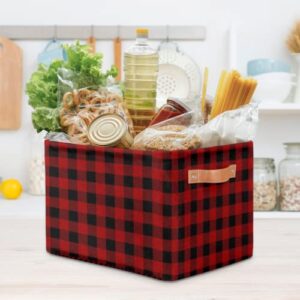 Red Lumberjack Plaid Check Fabric Storage Baskets for Shelves for Organizing Closet, Foldable Storage Bins Rectangular Decorative Basket with Leather Handles Cubes, 1 Pack