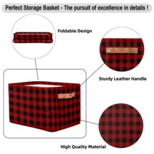 Red Lumberjack Plaid Check Fabric Storage Baskets for Shelves for Organizing Closet, Foldable Storage Bins Rectangular Decorative Basket with Leather Handles Cubes, 1 Pack