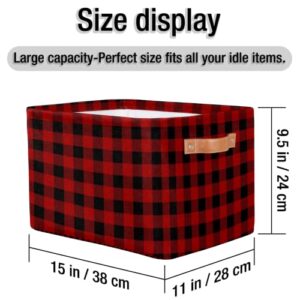 Red Lumberjack Plaid Check Fabric Storage Baskets for Shelves for Organizing Closet, Foldable Storage Bins Rectangular Decorative Basket with Leather Handles Cubes, 1 Pack