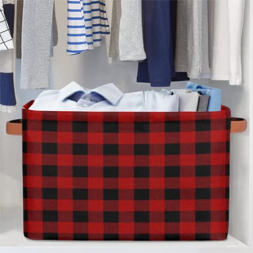 Red Lumberjack Plaid Check Fabric Storage Baskets for Shelves for Organizing Closet, Foldable Storage Bins Rectangular Decorative Basket with Leather Handles Cubes, 1 Pack