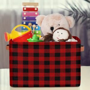 Red Lumberjack Plaid Check Fabric Storage Baskets for Shelves for Organizing Closet, Foldable Storage Bins Rectangular Decorative Basket with Leather Handles Cubes, 1 Pack