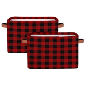 Red Lumberjack Plaid Check Fabric Storage Baskets for Shelves for Organizing Closet, Foldable Storage Bins Rectangular Decorative Basket with Leather Handles Cubes, 1 Pack