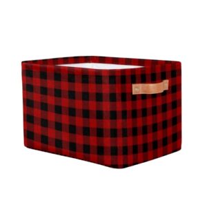 Red Lumberjack Plaid Check Fabric Storage Baskets for Shelves for Organizing Closet, Foldable Storage Bins Rectangular Decorative Basket with Leather Handles Cubes, 1 Pack