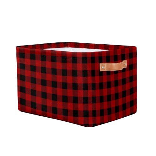 Red Lumberjack Plaid Check Fabric Storage Baskets for Shelves for Organizing Closet, Foldable Storage Bins Rectangular Decorative Basket with Leather Handles Cubes, 1 Pack