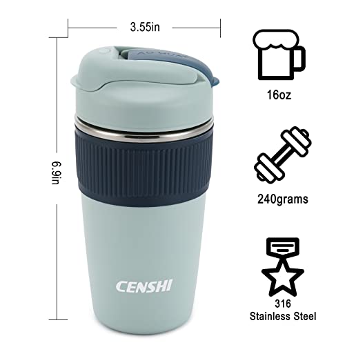 CENSHI 15 oz Stainless Steel Insulated Tumbler with Flip lid and straw,Vacuum Insulated Travel Coffee Cup for Hot and Cold Drinks,1 Pack,Blue