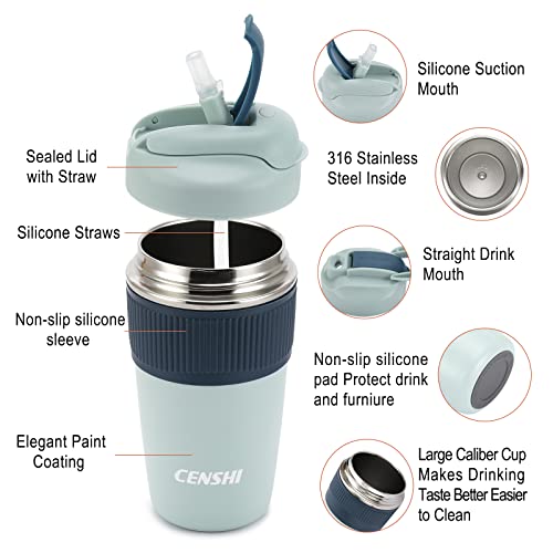 CENSHI 15 oz Stainless Steel Insulated Tumbler with Flip lid and straw,Vacuum Insulated Travel Coffee Cup for Hot and Cold Drinks,1 Pack,Blue