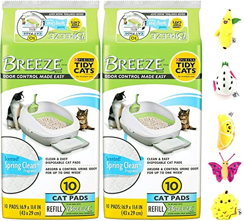 Tidy Cats Breeze Spring Clean Cat Pads Refill Pack (2) 10 Count Pouches with AuroraPet Catnip Toy (Assorted)