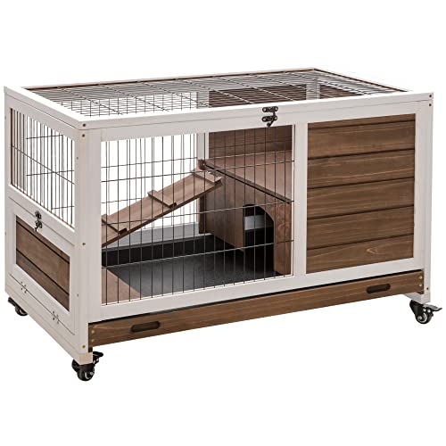 PawHut Wooden Indoor Rabbit Hutch Elevated Cage Habitat with No Leak Tray Enclosed Run with Wheels, Ideal for Rabbits and Guinea Pigs, Brown