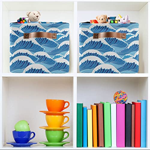 xigua Blue Sea Wave Foldable Storage Bin, Collapsible Sturdy Fabric Storage Basket Cube W/Handles, Storage Box for Organizing Toys Nursery Shelf Closet Bedroom Office 1PCS