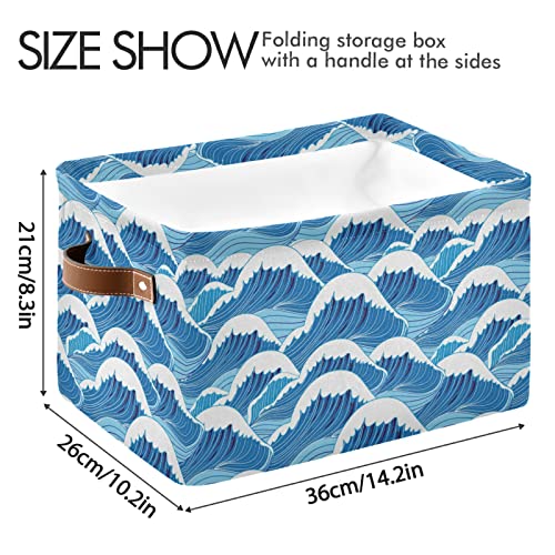 xigua Blue Sea Wave Foldable Storage Bin, Collapsible Sturdy Fabric Storage Basket Cube W/Handles, Storage Box for Organizing Toys Nursery Shelf Closet Bedroom Office 1PCS