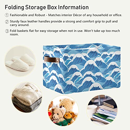 xigua Blue Sea Wave Foldable Storage Bin, Collapsible Sturdy Fabric Storage Basket Cube W/Handles, Storage Box for Organizing Toys Nursery Shelf Closet Bedroom Office 1PCS