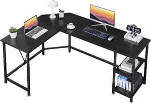 greenforest l shaped computer desk with adjustable storage shelf, 59 inch modern long corner gaming desk for home office writing laptop pc workstation space saving, black