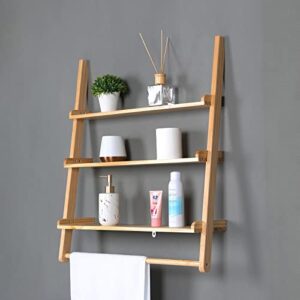 homaterial 3-tier bathroom towel rack shef wall mounted wood mount shelf with towel bar leaning blanket ladders bathroom storage display rack shelf holder, natural