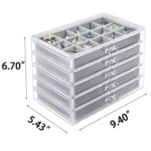 Watpot Acrylic Jewelry Box with 5 Drawers, Clear Earring Storage Organizer Display Case for Women Girls, Gray