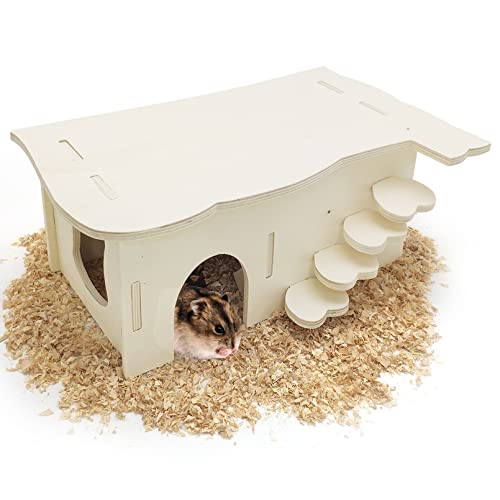 BNOSDM Wooden Hamster House with Steps Multi-Chamber Mouse Hideout Wood Guinea Pig Hut Hideaway with Ramp for Dwarf Syrian Hamsters Mice Rats Gerbils Small Animals (L)