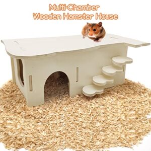 BNOSDM Wooden Hamster House with Steps Multi-Chamber Mouse Hideout Wood Guinea Pig Hut Hideaway with Ramp for Dwarf Syrian Hamsters Mice Rats Gerbils Small Animals (L)