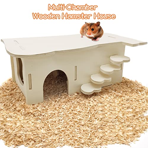 BNOSDM Wooden Hamster House with Steps Multi-Chamber Mouse Hideout Wood Guinea Pig Hut Hideaway with Ramp for Dwarf Syrian Hamsters Mice Rats Gerbils Small Animals (L)