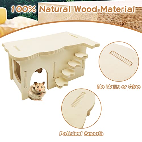 BNOSDM Wooden Hamster House with Steps Multi-Chamber Mouse Hideout Wood Guinea Pig Hut Hideaway with Ramp for Dwarf Syrian Hamsters Mice Rats Gerbils Small Animals (L)