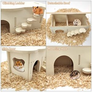 BNOSDM Wooden Hamster House with Steps Multi-Chamber Mouse Hideout Wood Guinea Pig Hut Hideaway with Ramp for Dwarf Syrian Hamsters Mice Rats Gerbils Small Animals (L)