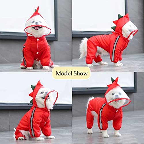 SEIS Dog Raincoat Hooded Dinosaur Pet Rain Wear Waterproof Frog Pet Poncho Breathable Dogs Suit Reflective Strap Pet Outfit for Small Medium Large Dogs (4XL (Back Length 55cm/21.6"), Red Dinosaur)