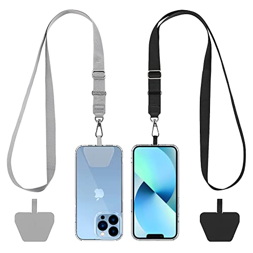 CACOE Phone Lanyard 2 Pack-2× Adjustable Neck Strap,2× Phone Patches,Universal Crossbody Cell Phone Lanyards,Multifuctional Patch Phone Polyester Lanyards Compatible with Most Smartphones(Black+Gray)