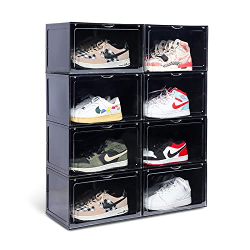 OMOPIN XL Shoe Storage Box,Drop Side Shoe Box,8 Pack Shoe Containers,Sneaker Display Case,Shoe Boxes Clear Plastic Stackable size13.4”x 10.6”x 8.3” Fit up to US 13 (Black 8 Pack)