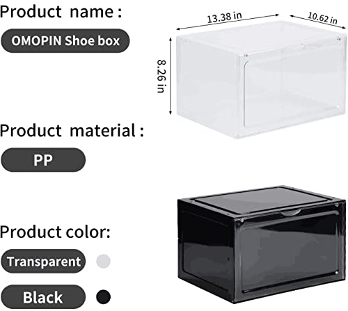 OMOPIN XL Shoe Storage Box,Drop Side Shoe Box,8 Pack Shoe Containers,Sneaker Display Case,Shoe Boxes Clear Plastic Stackable size13.4”x 10.6”x 8.3” Fit up to US 13 (Black 8 Pack)