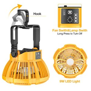 Portable Camping Fan with 9W LED Lantern, Powered by Dewalt 20V Li-ion Battery, Battery Operated Fan Ceiling Tent Fan with Hook, 180°Head Rotation Outdoor Rechargeable Fan for Hiking, Fishing, Travel