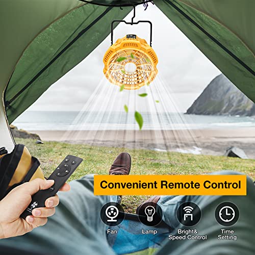 Portable Camping Fan with 9W LED Lantern, Powered by Dewalt 20V Li-ion Battery, Battery Operated Fan Ceiling Tent Fan with Hook, 180°Head Rotation Outdoor Rechargeable Fan for Hiking, Fishing, Travel