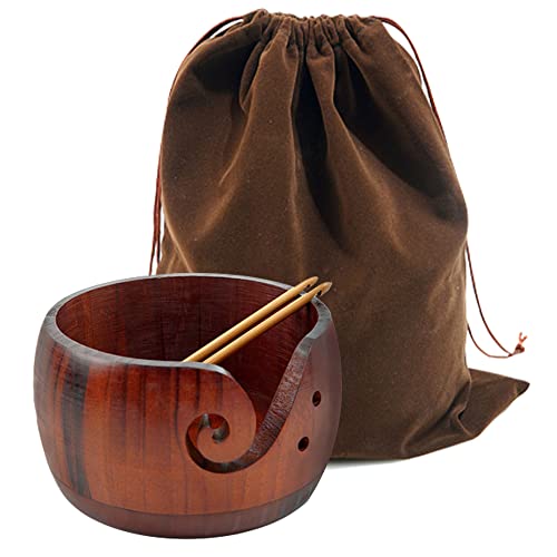 CraftGoals Retro Wooden Yarn Bowl Holder Round Lid, Handmade Storage with Carved Holes 2 Bamboo Crochet & Travel Bag Accessories for Knitting, Crocheting, Crafts, Home Decor Sewing-15x8cm, Brown