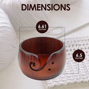 CraftGoals Retro Wooden Yarn Bowl Holder Round Lid, Handmade Storage with Carved Holes 2 Bamboo Crochet & Travel Bag Accessories for Knitting, Crocheting, Crafts, Home Decor Sewing-15x8cm, Brown