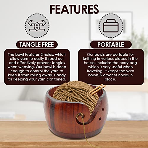 CraftGoals Retro Wooden Yarn Bowl Holder Round Lid, Handmade Storage with Carved Holes 2 Bamboo Crochet & Travel Bag Accessories for Knitting, Crocheting, Crafts, Home Decor Sewing-15x8cm, Brown