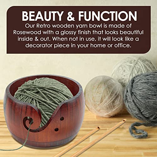 CraftGoals Retro Wooden Yarn Bowl Holder Round Lid, Handmade Storage with Carved Holes 2 Bamboo Crochet & Travel Bag Accessories for Knitting, Crocheting, Crafts, Home Decor Sewing-15x8cm, Brown