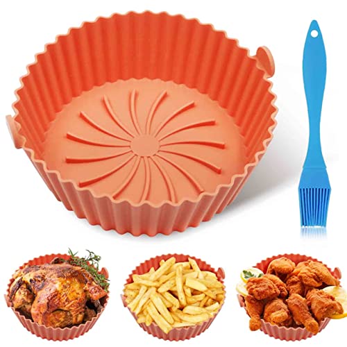 Jasilon [UPGRADED LARGE]Air Fryer Liners with Basting Brush,Non-Stick Air Fryer Silicone Pot,Replacement Basket of Flammable Parchment Paper Liner,Food Grade Reusable Air Fryer Accessories-Orange