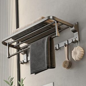 MUSTORN Bathroom Towel Rack with Towel Bar and Hooks 23.6 in Foldable Towel Shelf Wall Mounted Lavatory Towel Organizer Modern Gray Finish