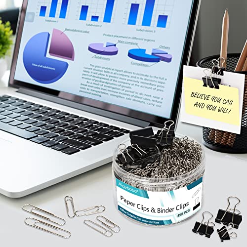 Paper Clips Binder Clips Set,450 PCS Sliver Paperclips and Black Binder Clips,Assorted Sizes Jumbo, Medium,Small for School,Office, Classroom, Home Document Organizing Supplies