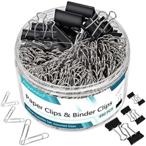 paper clips binder clips set,450 pcs sliver paperclips and black binder clips,assorted sizes jumbo, medium,small for school,office, classroom, home document organizing supplies