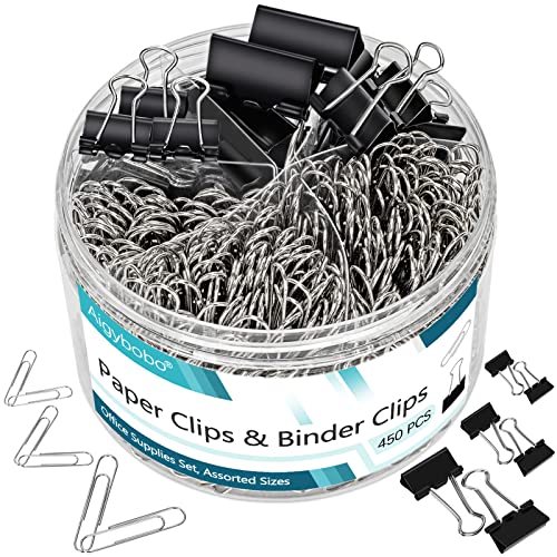 Paper Clips Binder Clips Set,450 PCS Sliver Paperclips and Black Binder Clips,Assorted Sizes Jumbo, Medium,Small for School,Office, Classroom, Home Document Organizing Supplies