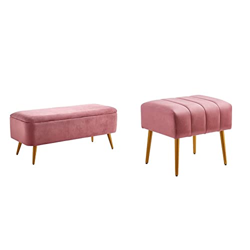 Ball & Cast Upholstered Velvet Storage Bench 44" W x 16" D x 18" H Rose, Set of 1 Upholstered Velvet Ottoman,Footrest 18" W x 15.75" D x 17.5" H Rose,Golden Powder Coating Legs Set of 1