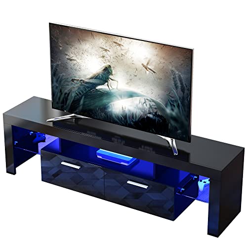 SANYOAC Black Stand for 55/60/65/70/75+ Inch Led TV, Modern Entertainment Center with Storage and Shelves for Video Gaming, Living Room Bedroom