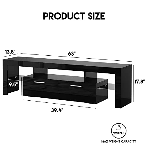 SANYOAC Black Stand for 55/60/65/70/75+ Inch Led TV, Modern Entertainment Center with Storage and Shelves for Video Gaming, Living Room Bedroom