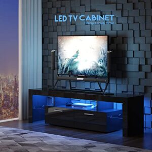 SANYOAC Black Stand for 55/60/65/70/75+ Inch Led TV, Modern Entertainment Center with Storage and Shelves for Video Gaming, Living Room Bedroom